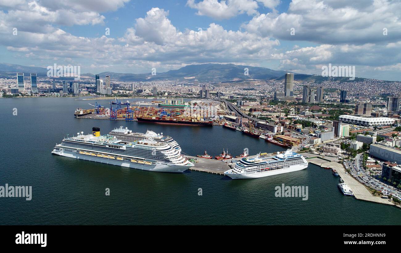 A view of the 3 cruise ships arriving at the port of Izmir at the same ...