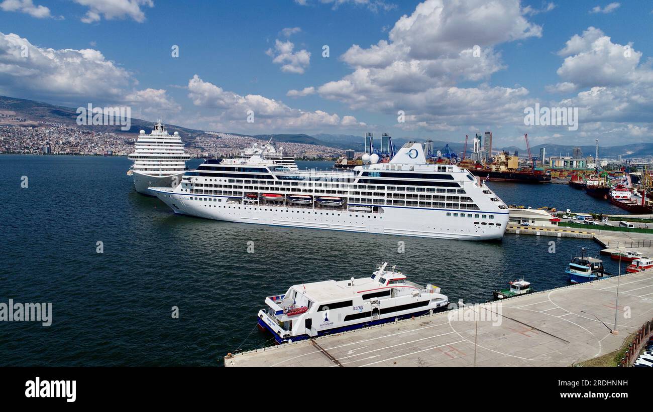 A view of the 3 cruise ships arriving at the port of Izmir at the same ...