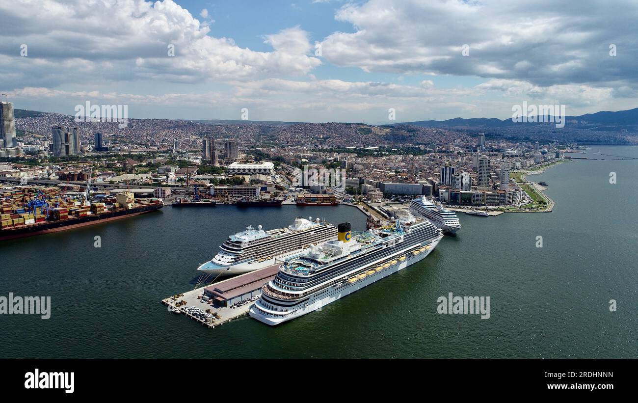 A view of the 3 cruise ships arriving at the port of Izmir at the same ...
