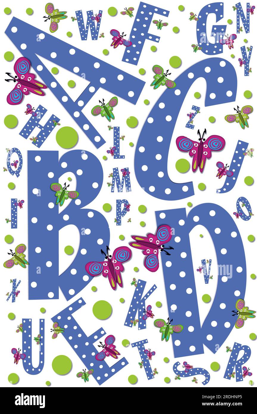 Poster design shows letters A to Z decorated with butterflies and polka ...