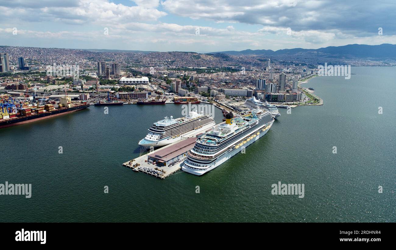 A view of the 3 cruise ships arriving at the port of Izmir at the same ...
