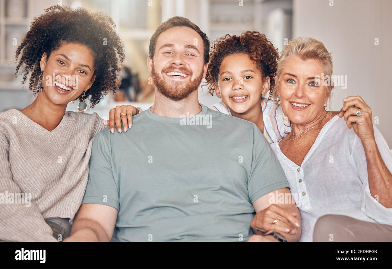 Portrait, family and parents, grandmother and kid in home, bonding and ...