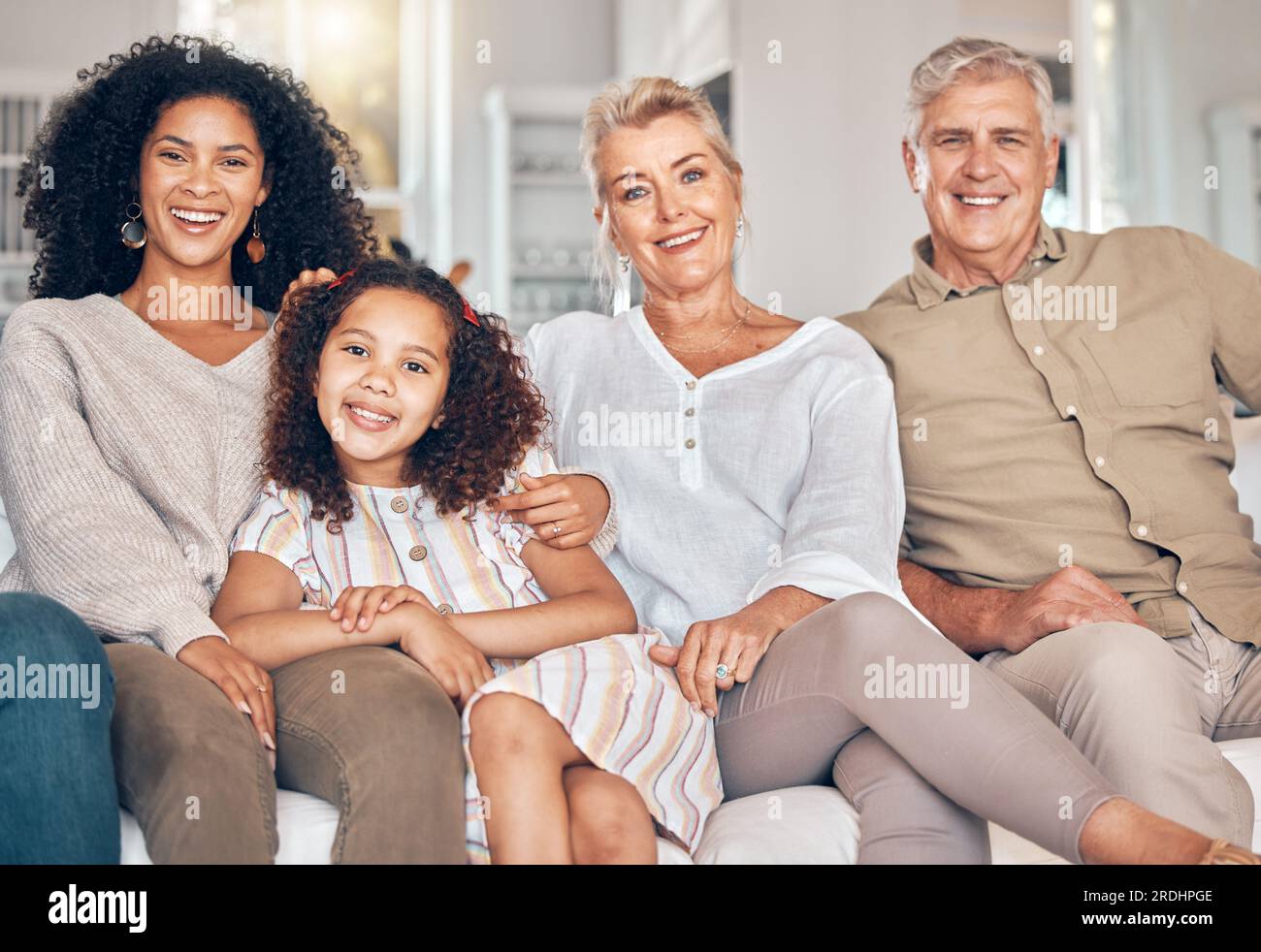 Portrait, family and grandparents, kid and mother in home, bonding and ...