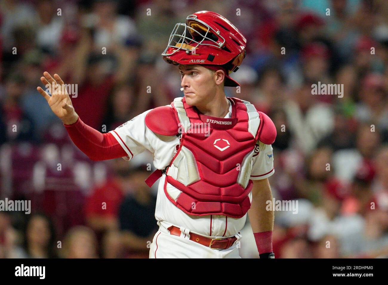 Cincinnati Reds catcher Tyler Stephenson gestures during a baseball ...