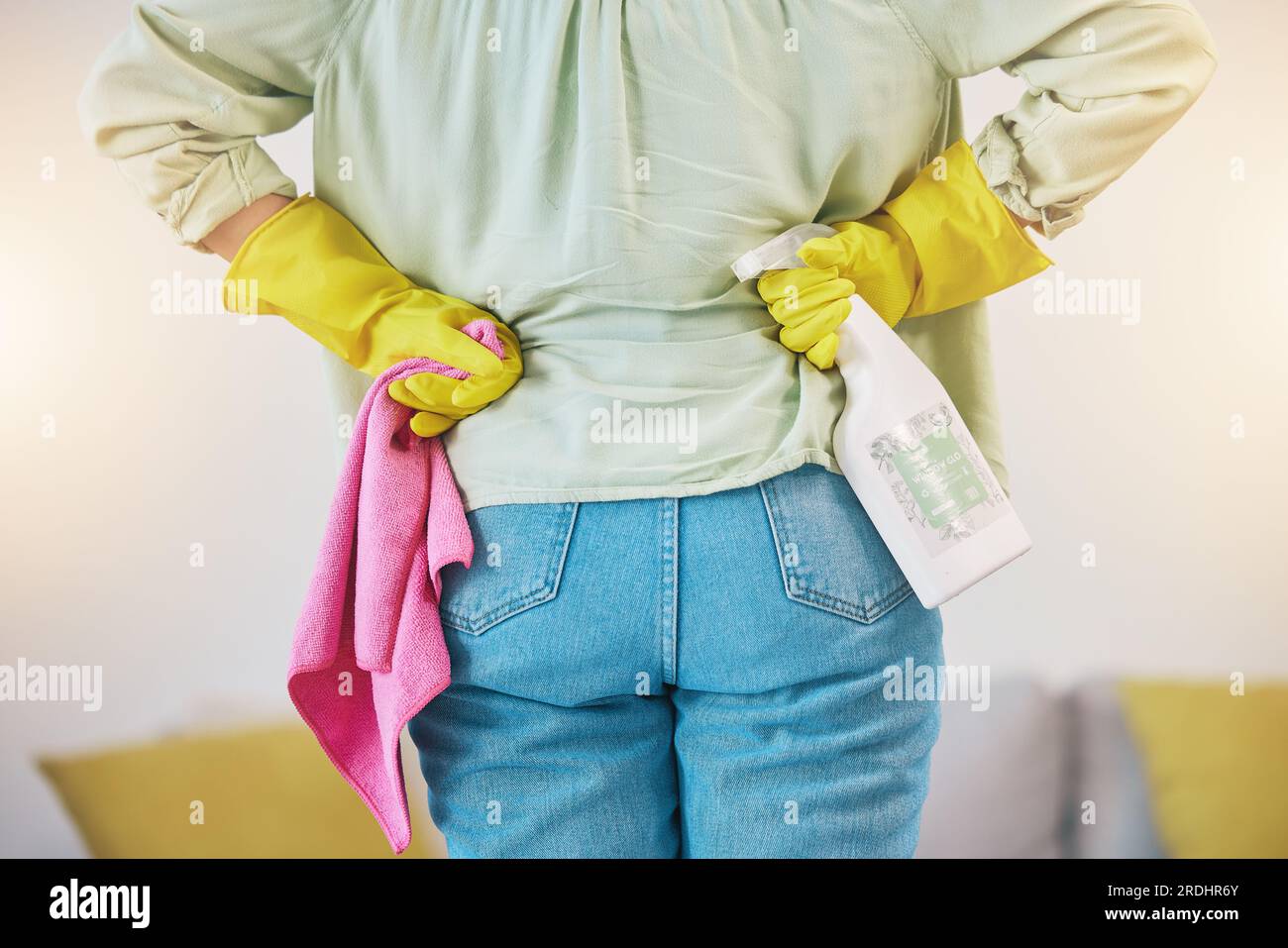 Back, cleaning and supplies with a woman in home living room, ready for ...