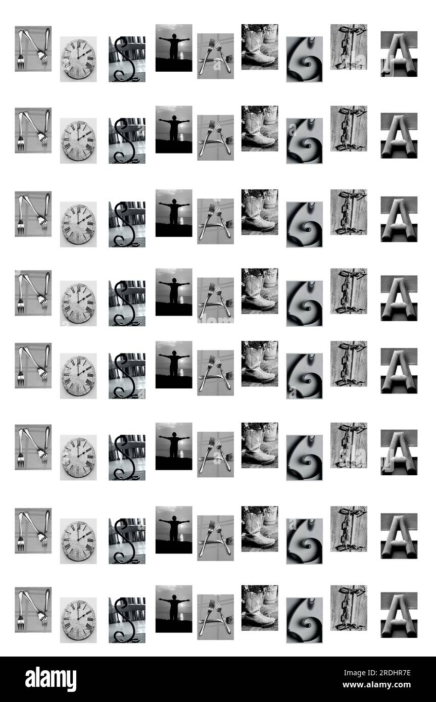 Photographs of letter shapes form the word "Nostalgia" on white ...