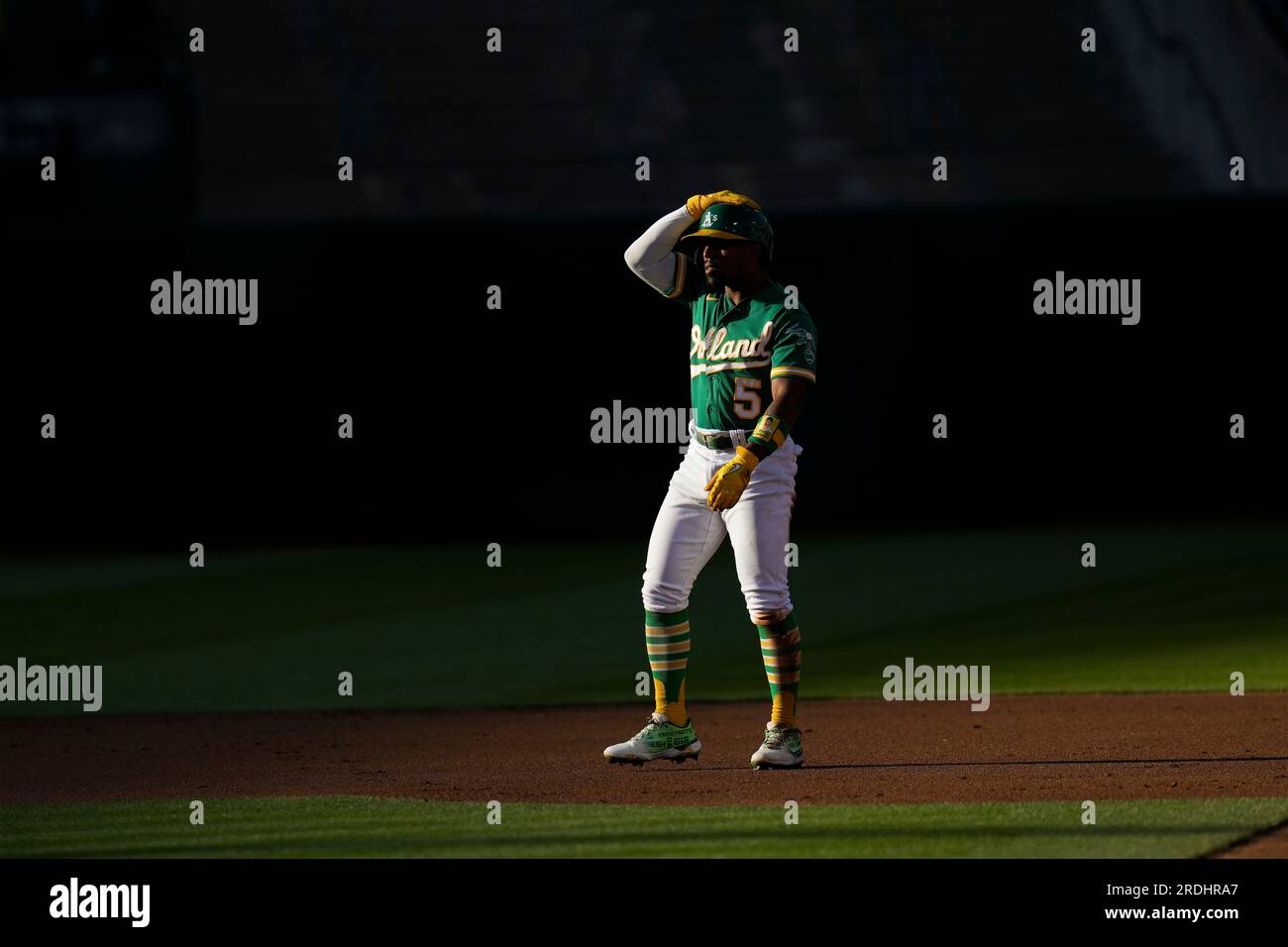 Oakland Athletics' Tony Kemp takes a lead from second base during the ...