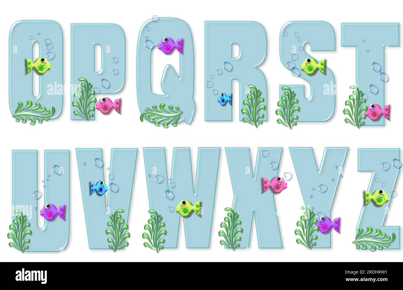 Alphabet letters O to Z are aqua with small colorful fish. Each fun ...