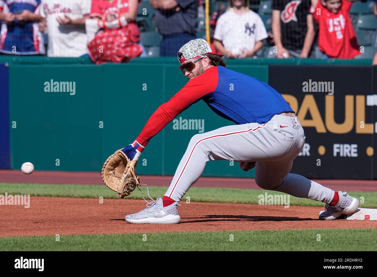 Philadelphia Phillies' Bryce Harper warms up at first base before a ...