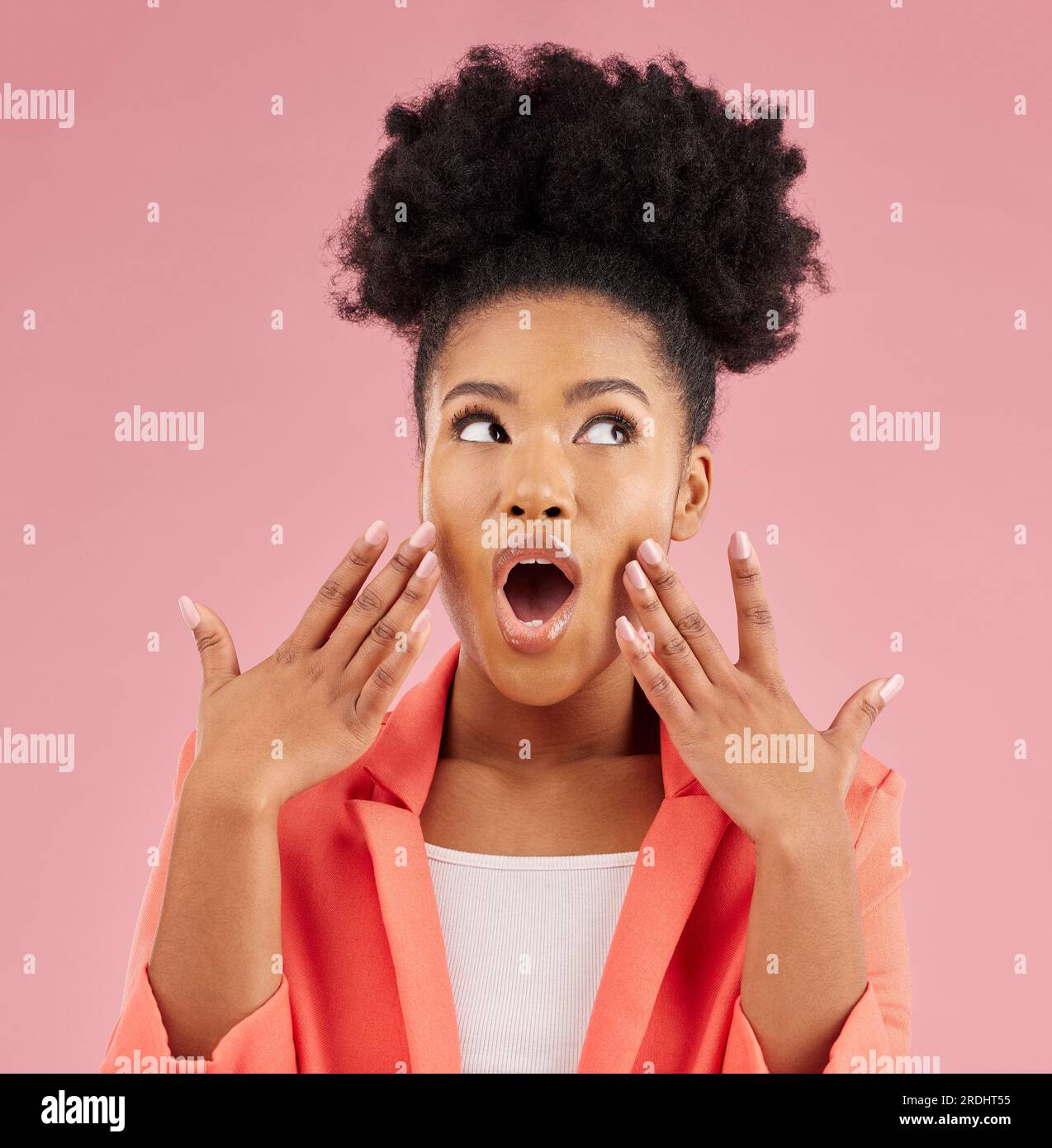 Wow, surprise and thinking with a black woman in shock for beauty or ...