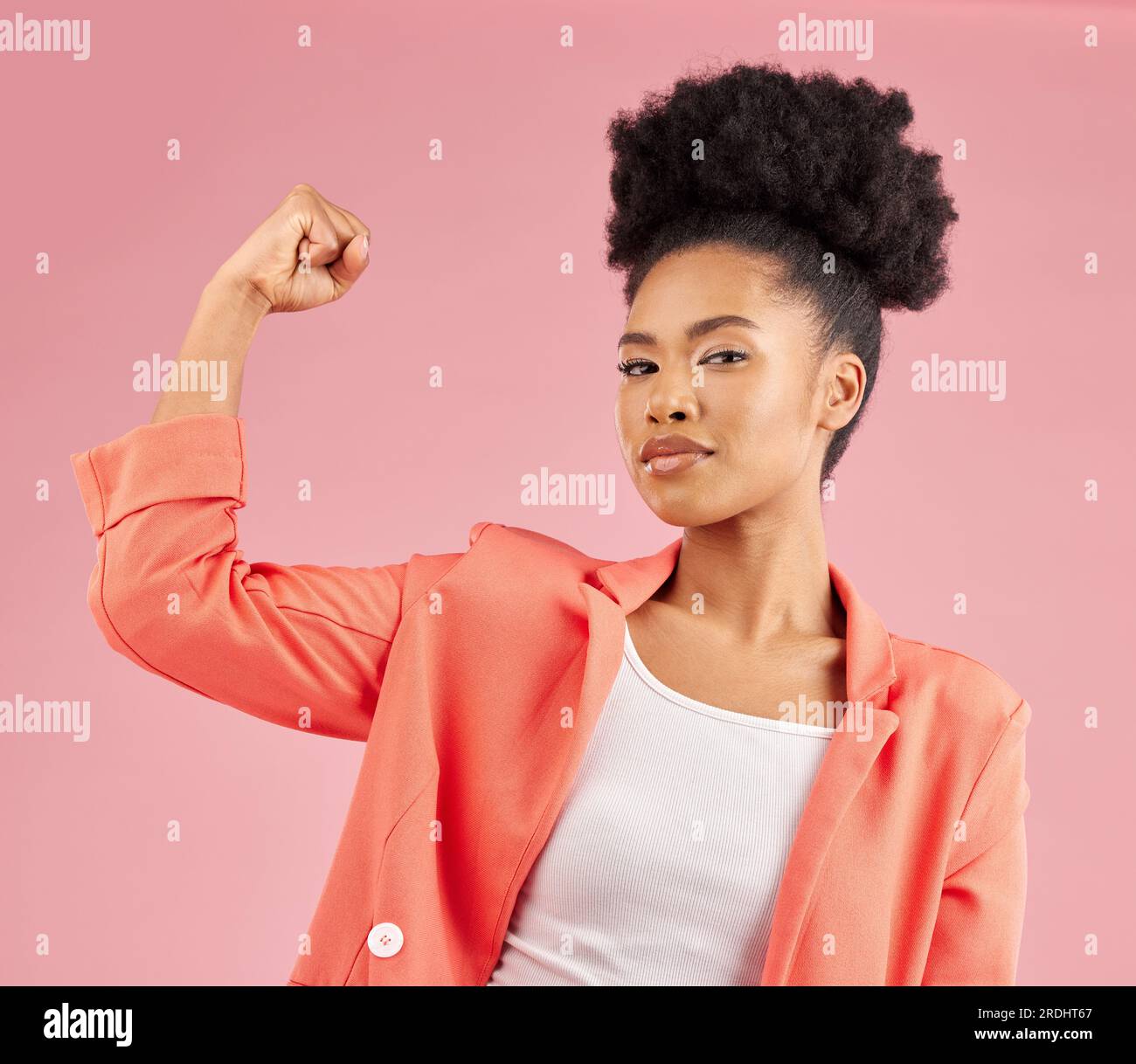 Portrait, black woman and flex for power, winning and empowerment ...