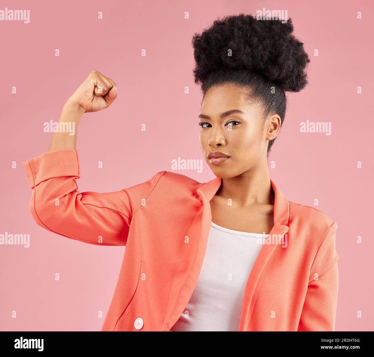 Portrait, black woman and flex for power, strong and leadership against ...