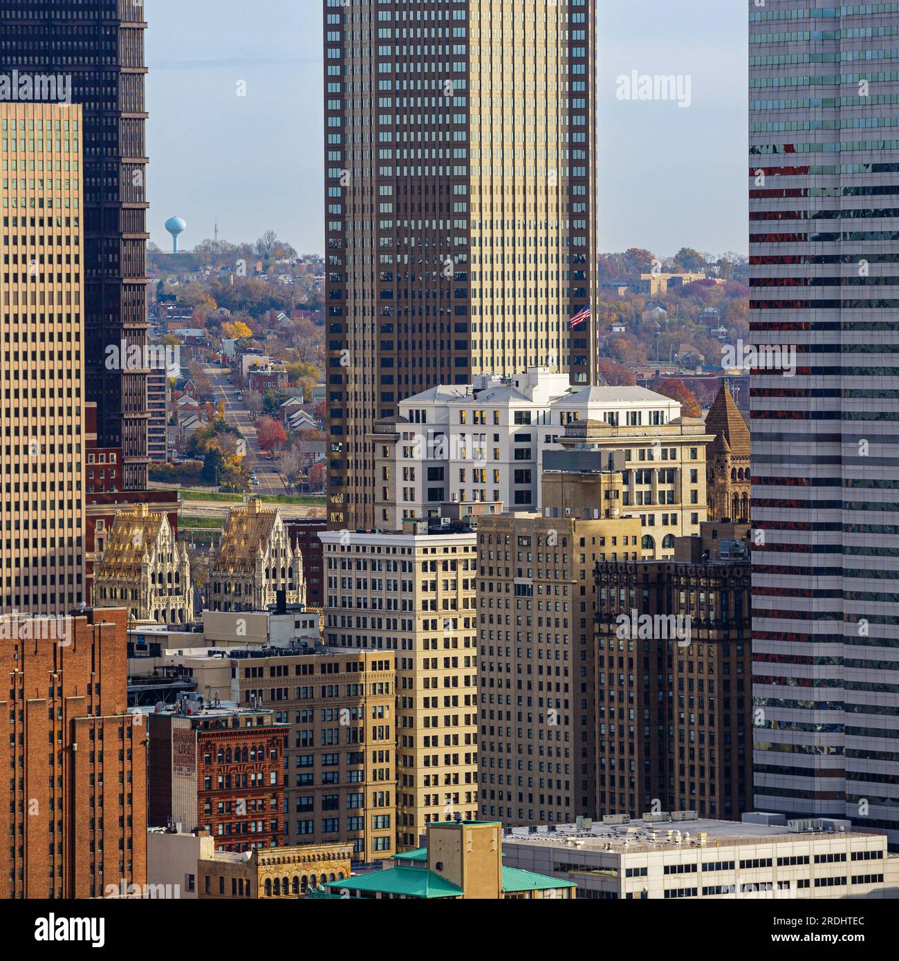 View of the suburbs of Pittsburgh through downtown skyscrapers, a ...