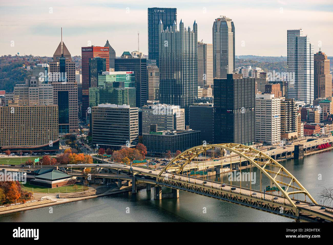 Aerial view of downtown Pittsburgh, the Monongahela River, and the Fort ...