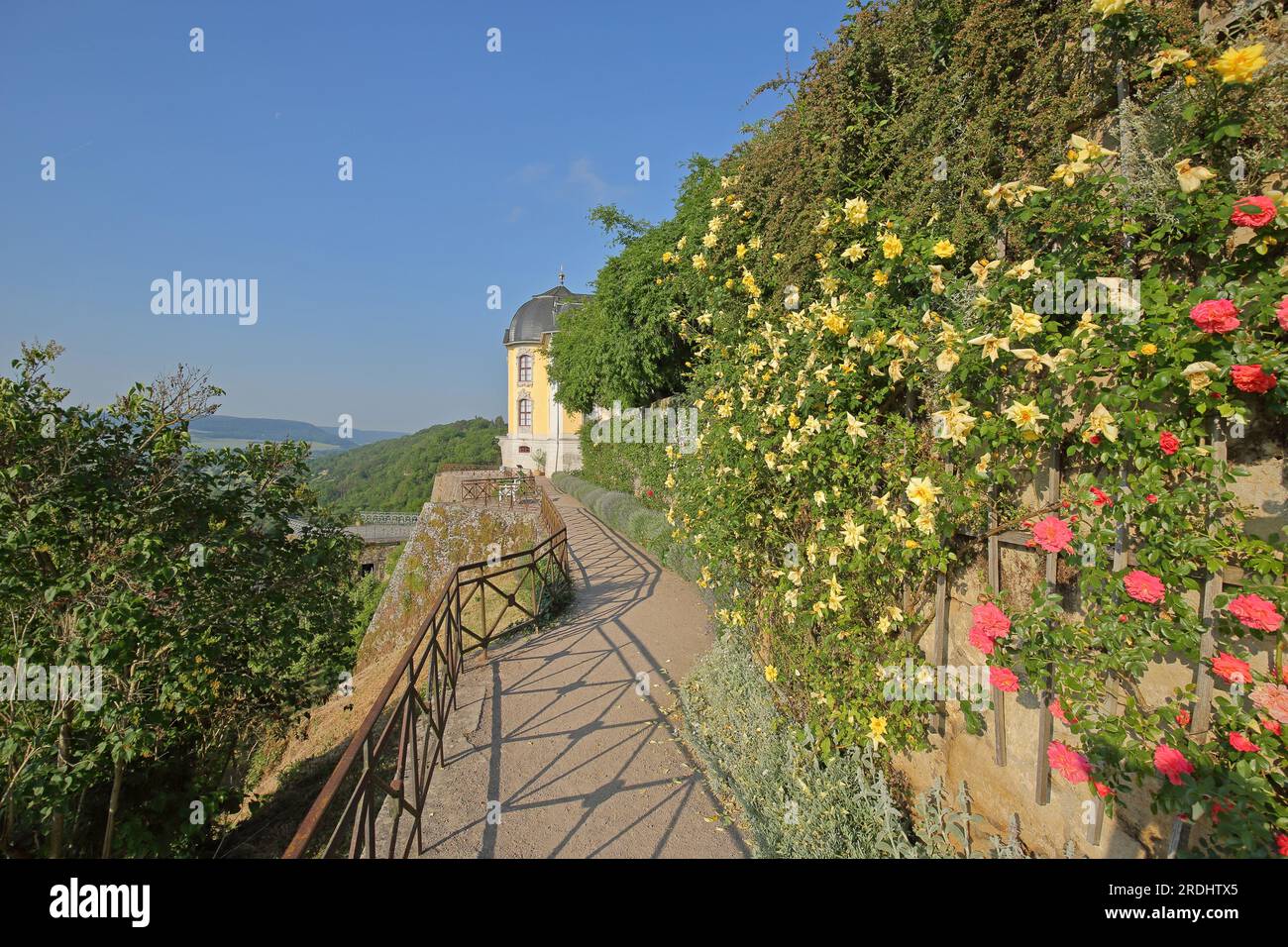 Rococo castle with rose garden and footpath with railings, Dornburger ...