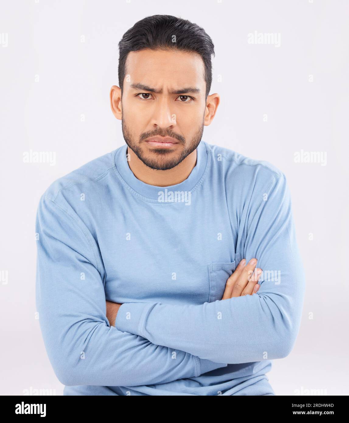 Portrait, angry and man with arms crossed, frustrated and upset guy ...