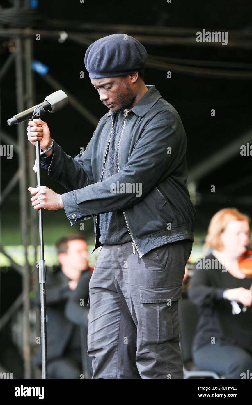 20th July, 2023. Jodrell Bank, Cheshire, UK. Coby Sey performs ahead of ...