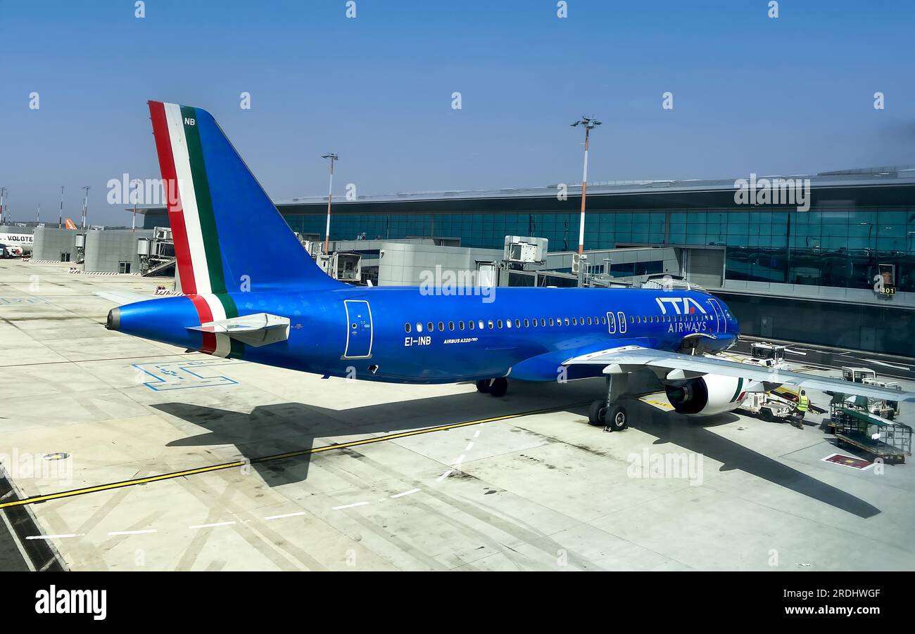 Rome, IT, July 13 2023: Airbus A320neo airplane operated by ITA Airways ...
