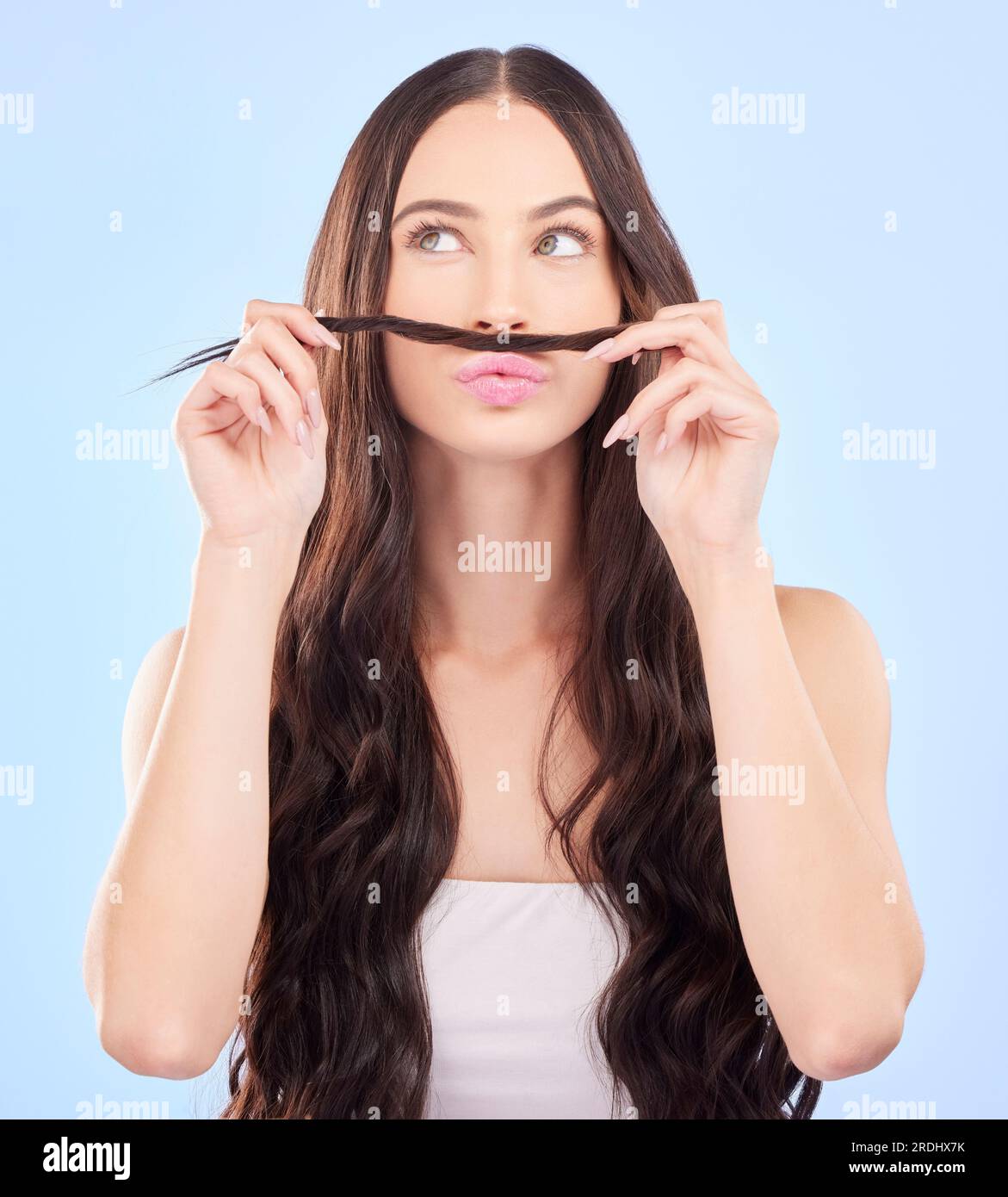 Hair, moustache and woman in studio for beauty, salon aesthetic or ...