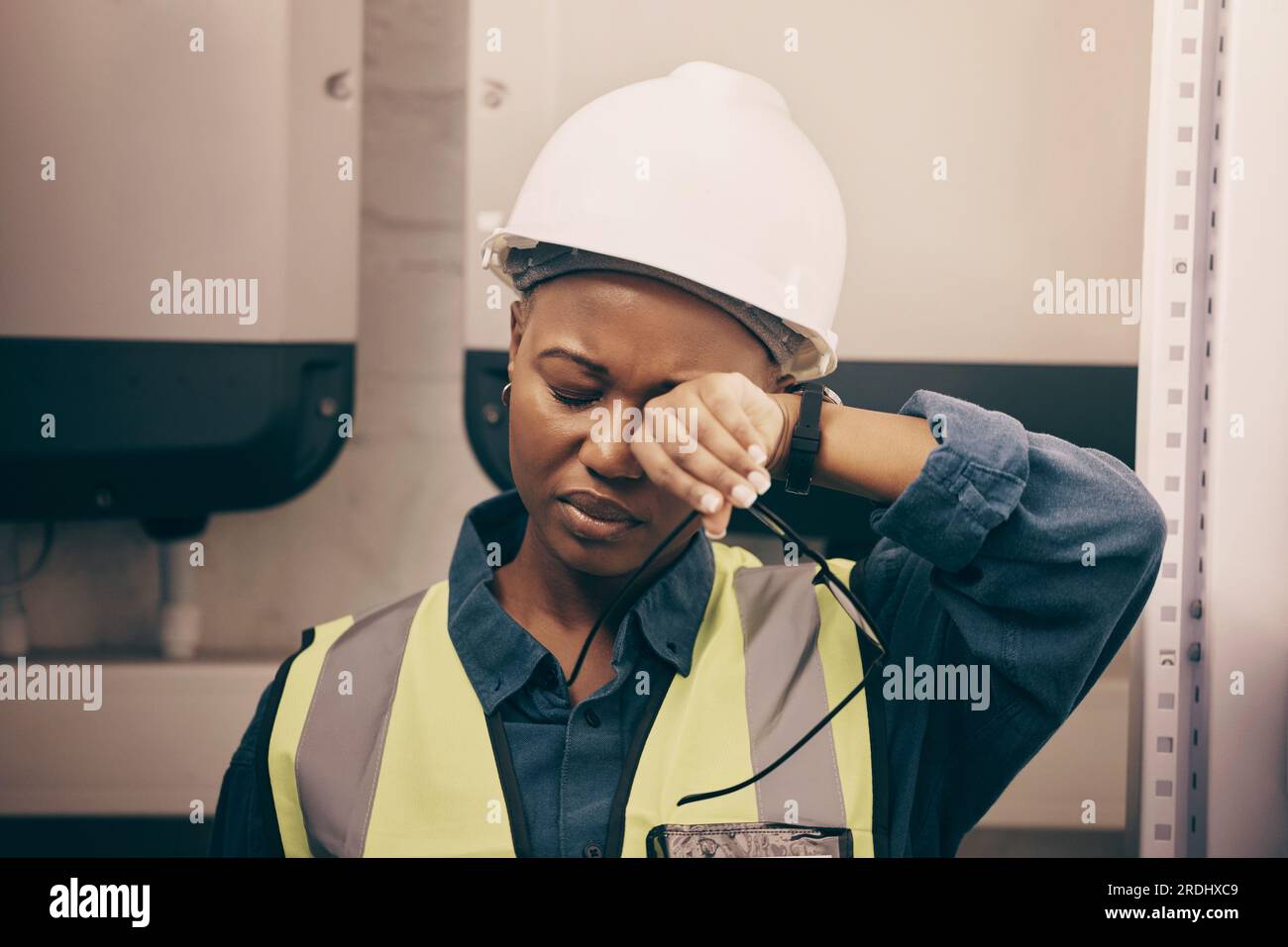 Burnout, engineer and black woman with fatigue, headache and stress ...