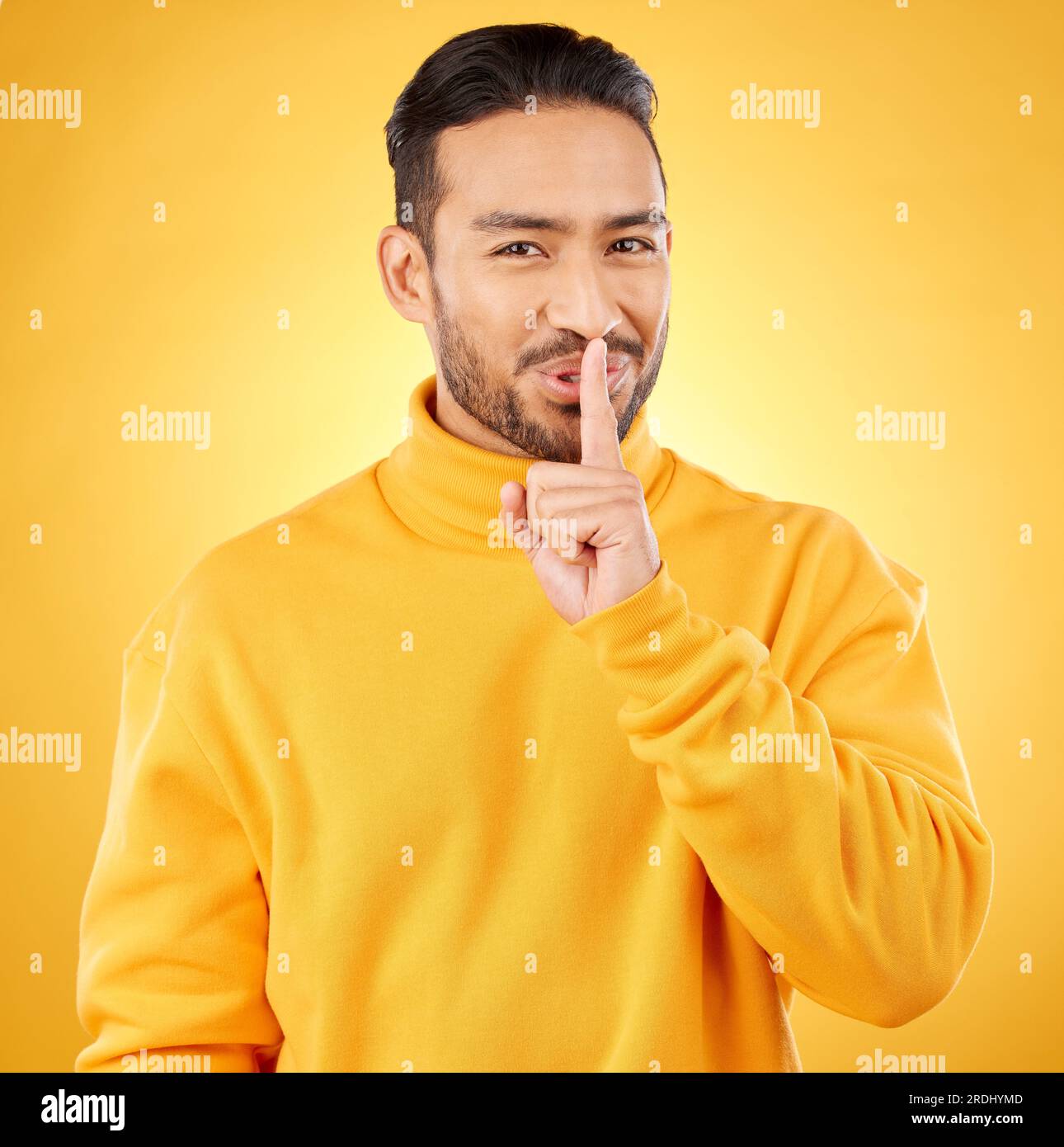 Secret, man and finger on lips for gossip, confidential information or ...