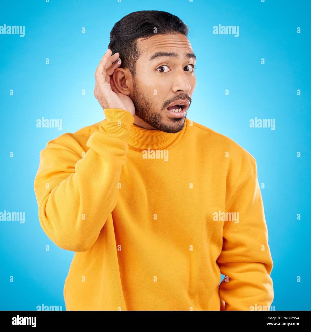 Attention, surprise and asian man with listening to news with asian in ...