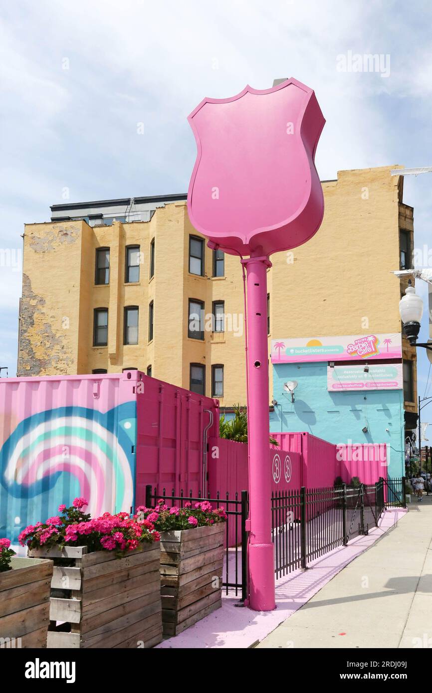 The colorful exterior of the newly opened Malibu Barbie Café Chicago ...