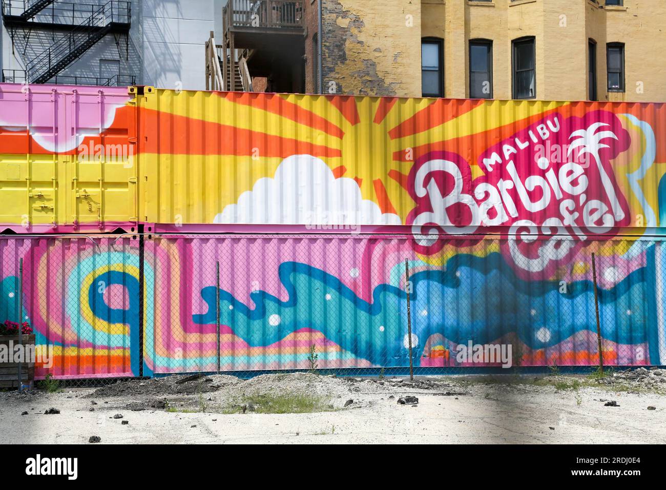 The colorful exterior of the newly opened Malibu Barbie Café Chicago ...