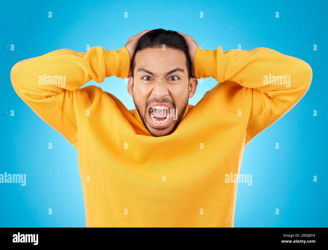 Angry, man and portrait with screaming in studio with burnout, anxiety ...