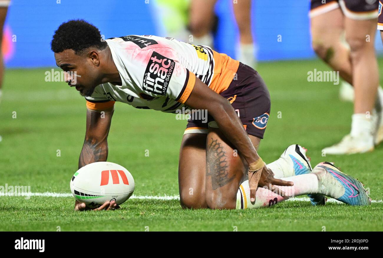 Sunshine Coast, Australia. 21st July, 2023. Ezra Mam of the Broncos is ...