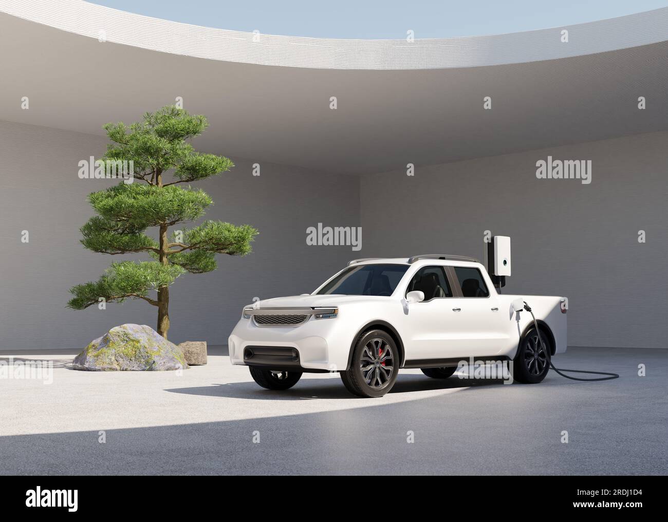 White Electric Pickup Truck charging in Japanese Zen garden style ...