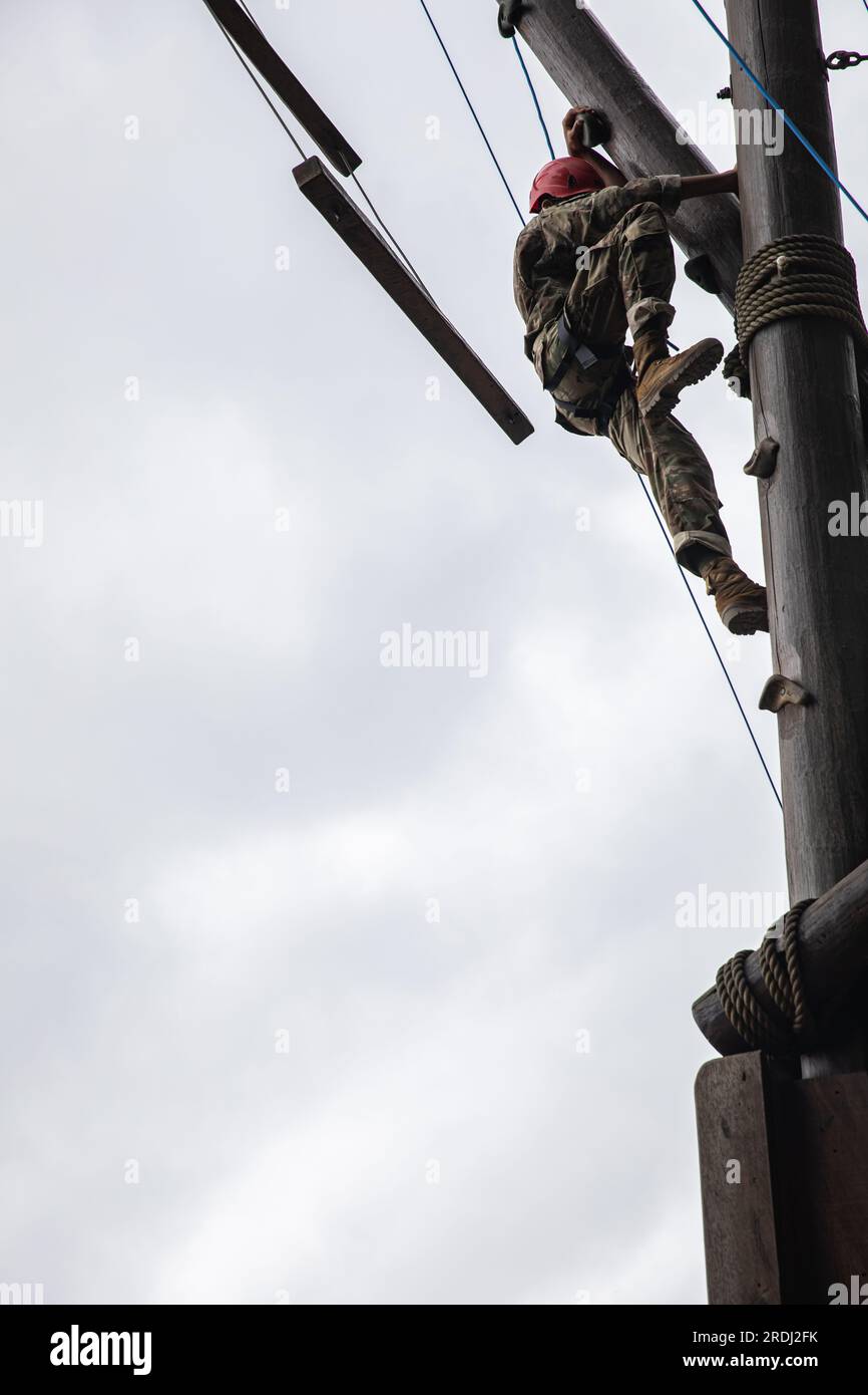 A U.S. Army cadet climbs the Alpine Tower while attending Cadet Summer ...