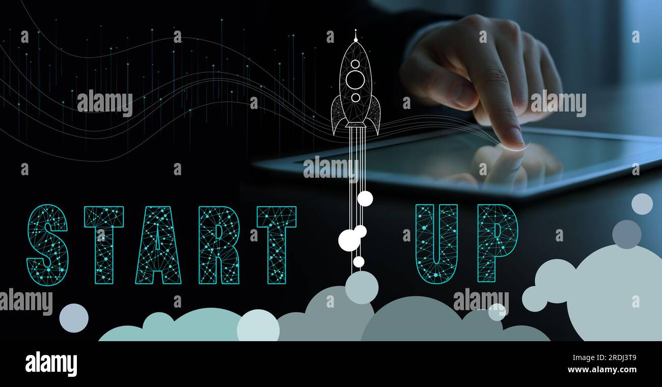 Business startup, banner design. Man using tablet, closeup ...