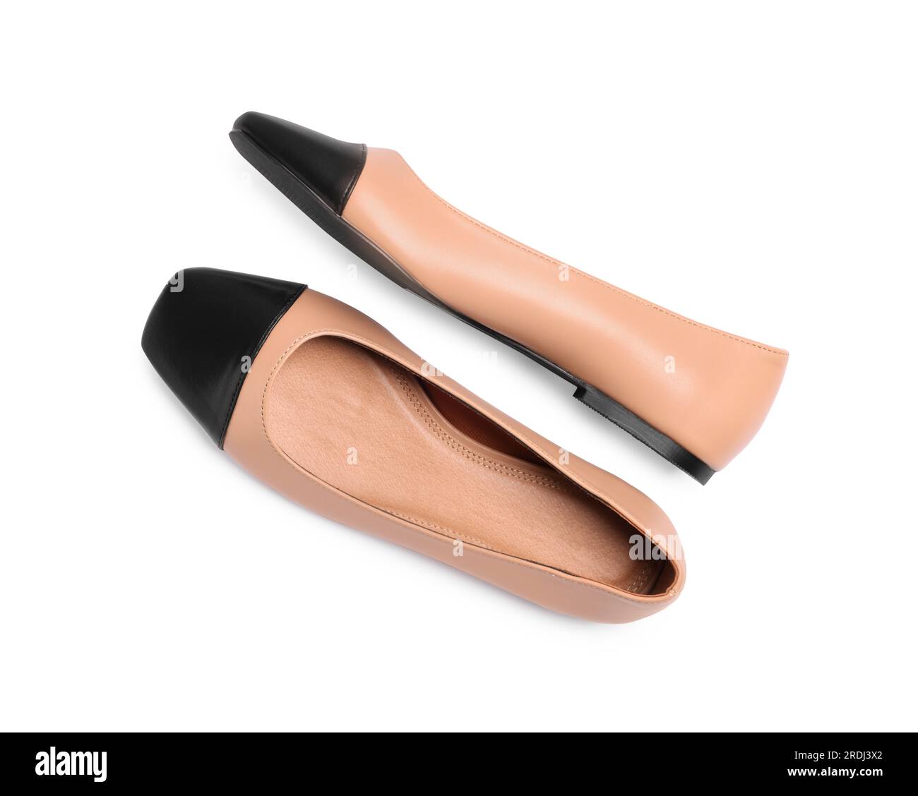 Pair of new stylish square toe ballet flats on white background, top ...
