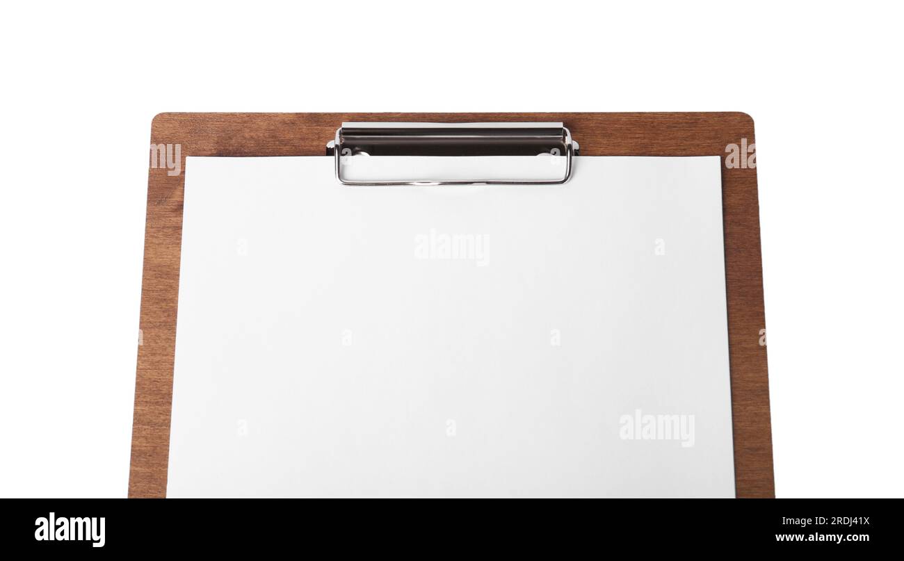 Wooden clipboard with sheet of paper isolated on white Stock Photo - Alamy