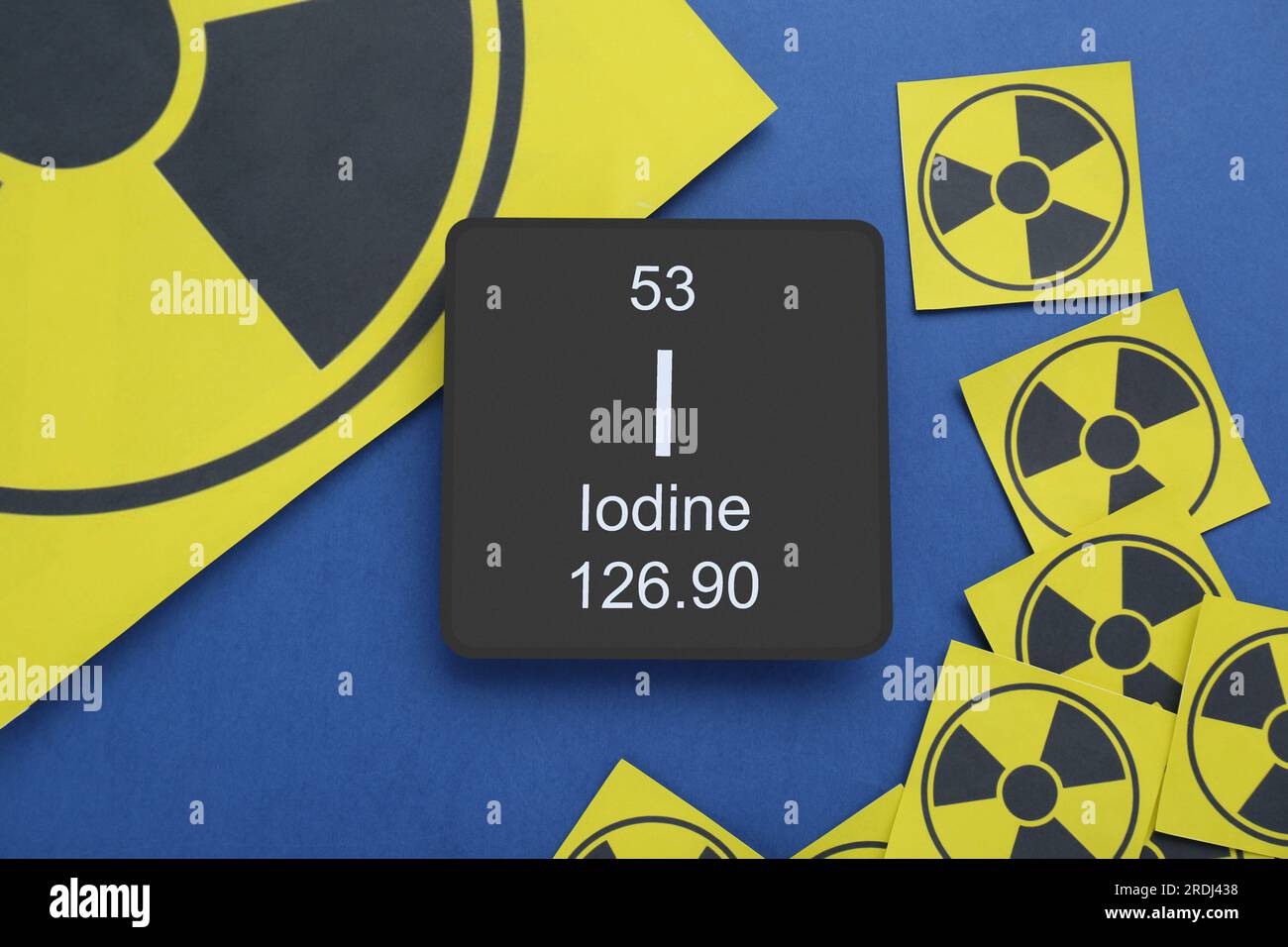 Card with chemical element Iodine and radiation signs on blue ...