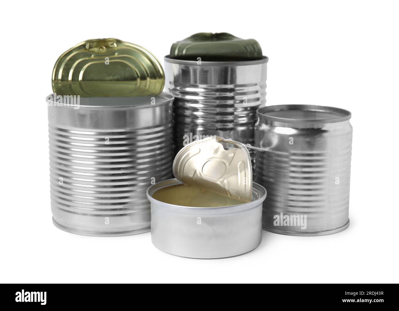 Many open tin cans isolated on white Stock Photo - Alamy