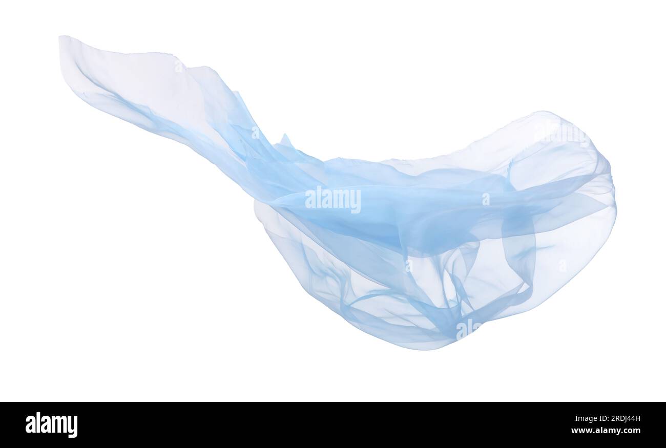 Beautiful light blue tulle fabric flying on white background Stock ...