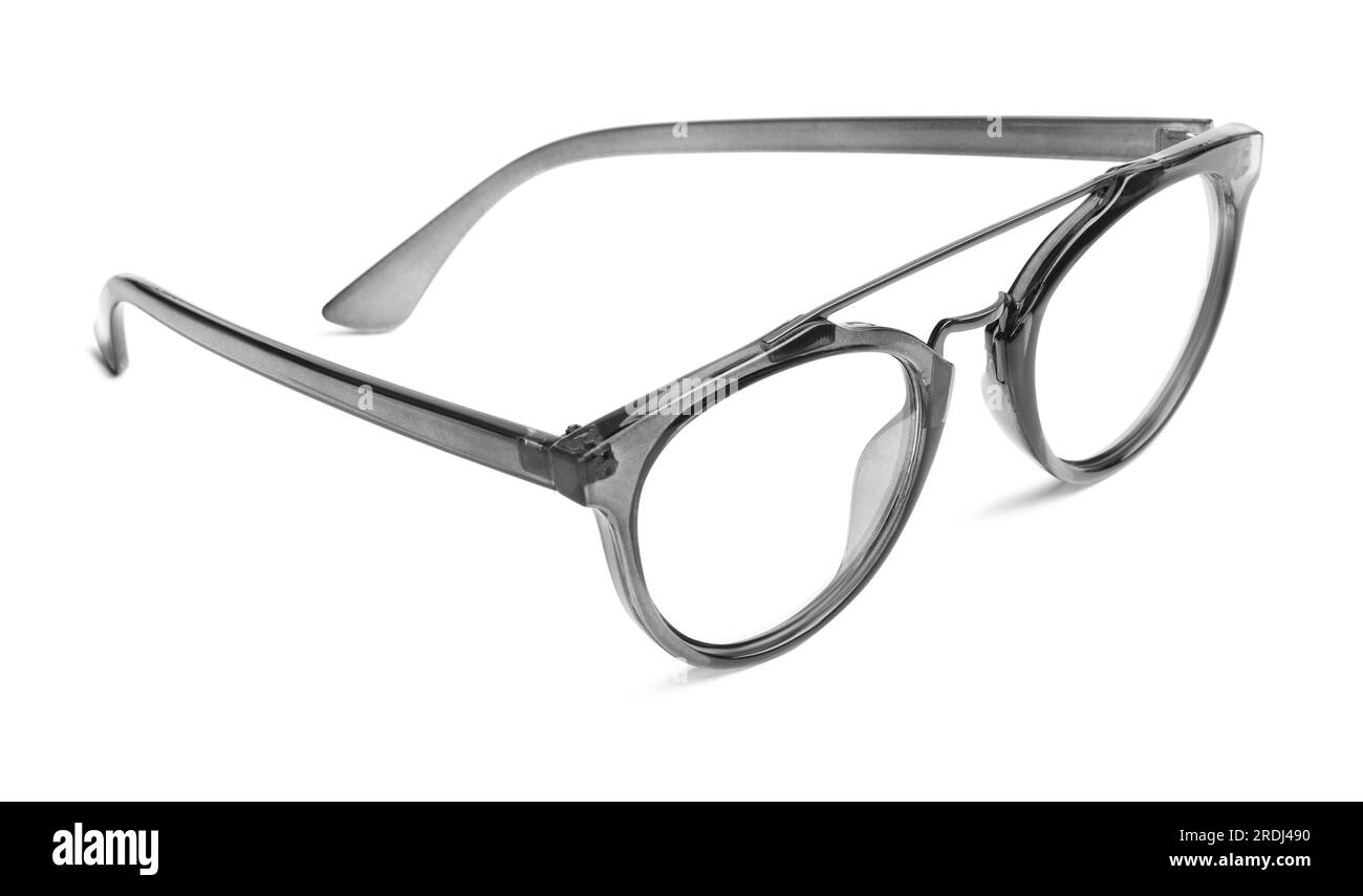 Stylish glasses with grey frame isolated on white Stock Photo - Alamy