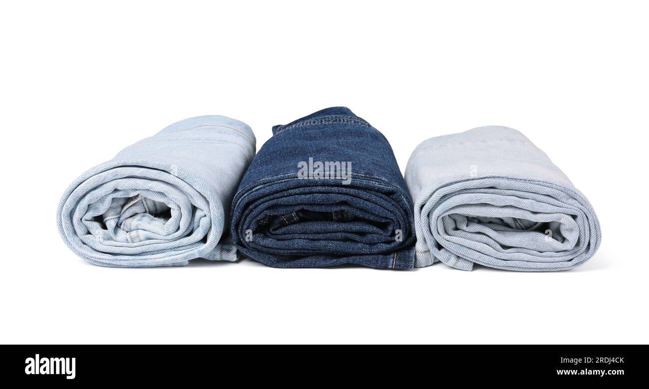 Different stylish rolled jeans isolated on white Stock Photo - Alamy