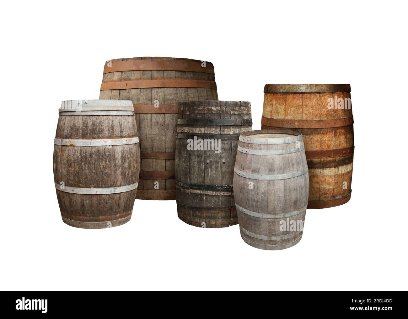 Many different wooden barrels on white background Stock Photo - Alamy