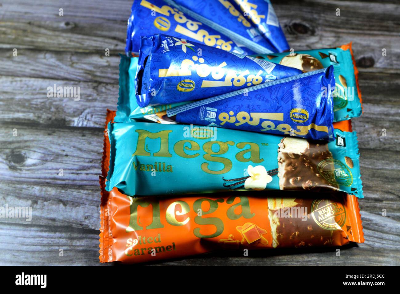 Cairo, Egypt, July 15 2023: Nestle Mega Salted Caramel and Vanilla ...