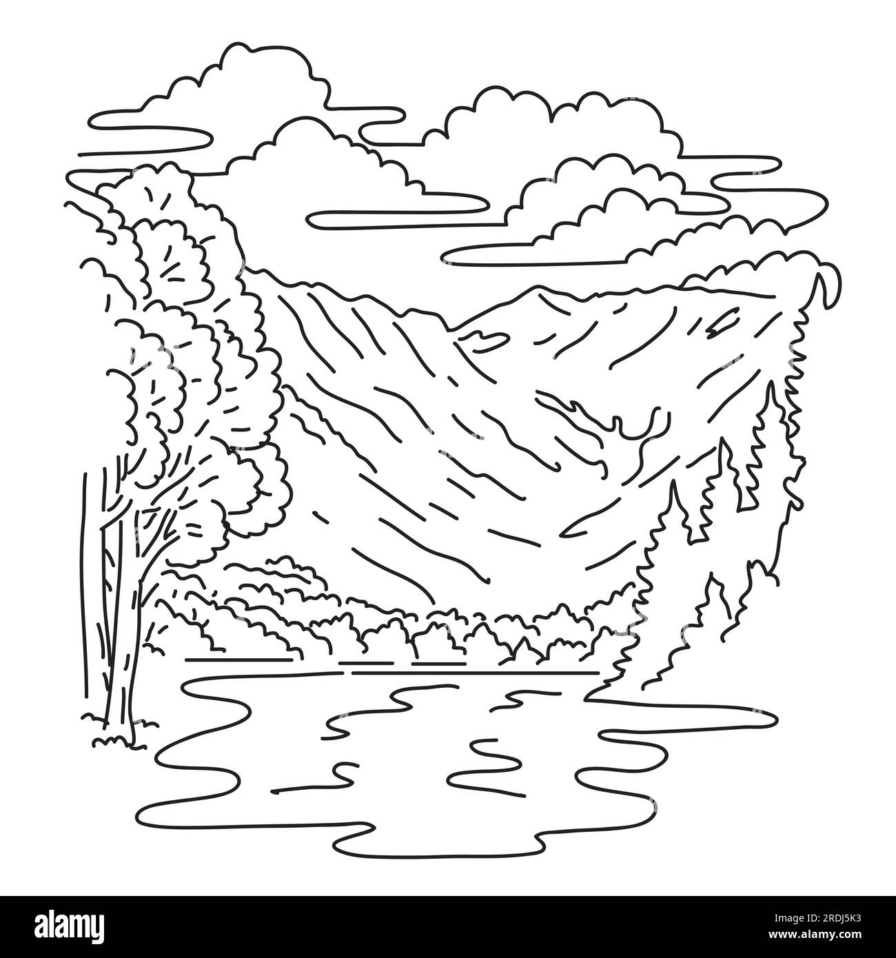 Mono line illustration of Chubu-Sangaku National Park with the Hida ...