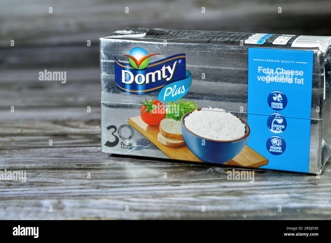 Cairo, Egypt, July 9 2023: Domty feta cheese plus, produced using ...