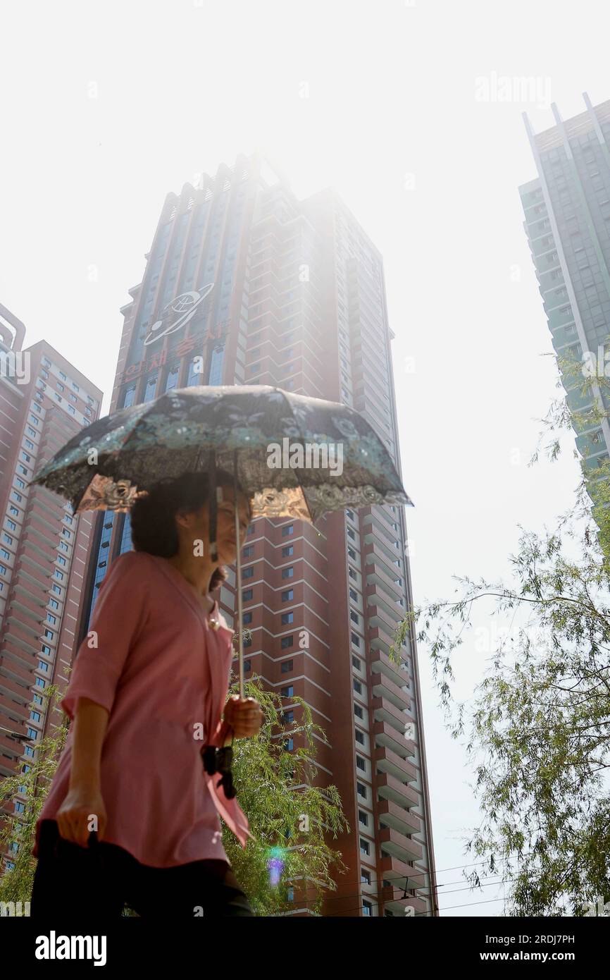 A woman walks in the Mirae Scientist street in Pyongyang, North Korea ...