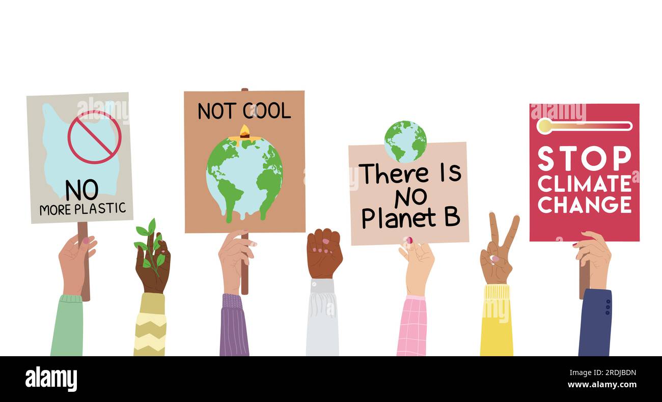 Protest strike against climate change and global warming. Set of human ...