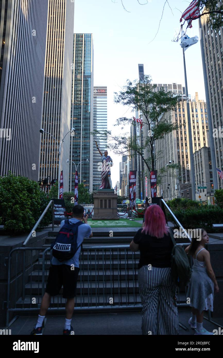 A statue of USWNT player Alex Morgan stands in Fox Square on July 21 ...