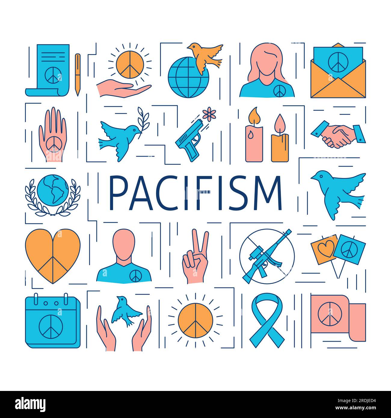 Pacifism poster with peace, love and disarmament symbols. Vector ...