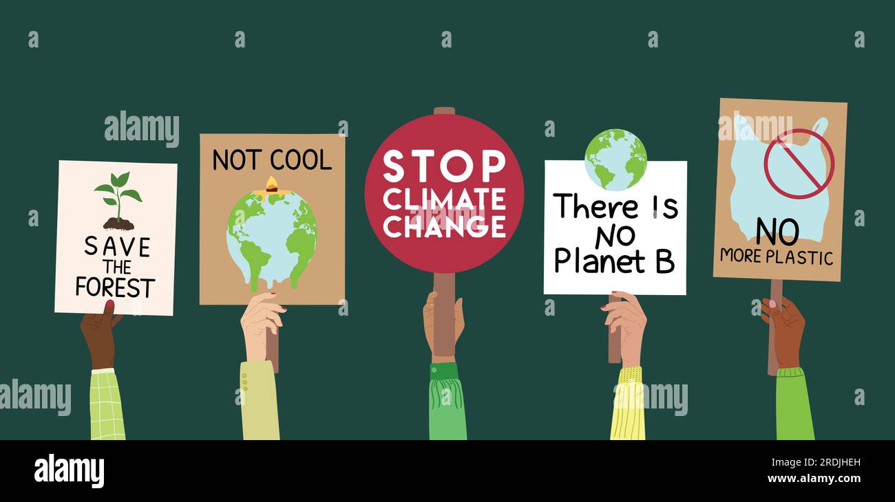 Protest strike against climate change and global warming. Set of human ...