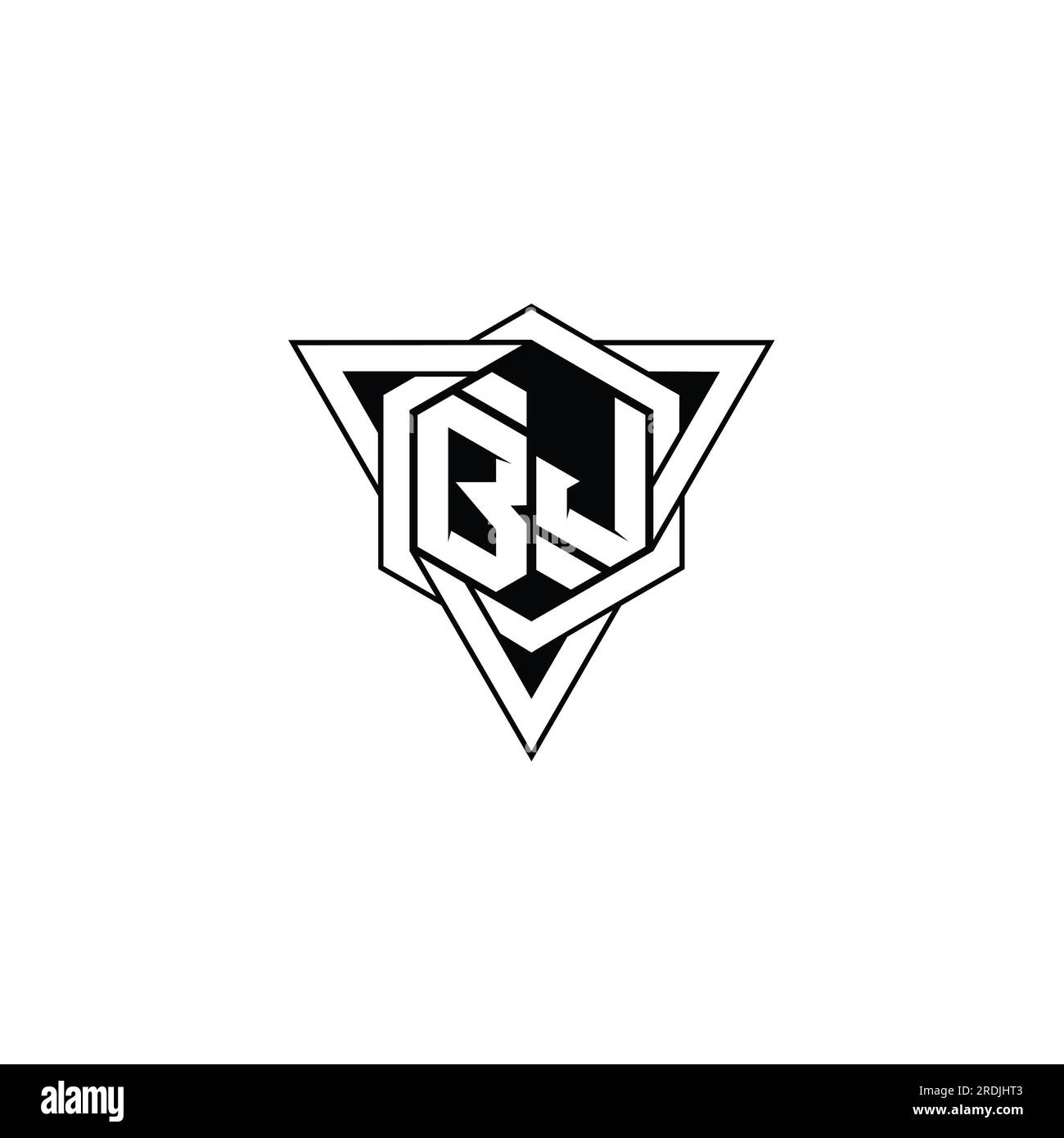 BJ Letter Logo monogram hexagon shape with triangle geometric outline sharp modern style design ...